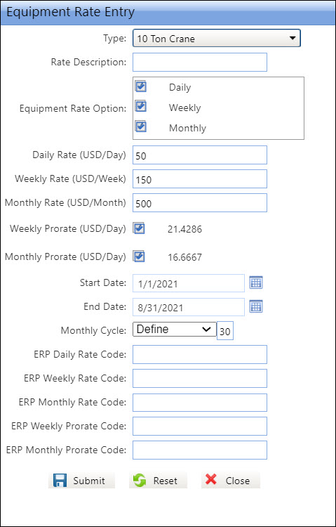 Rental Equipment Rates